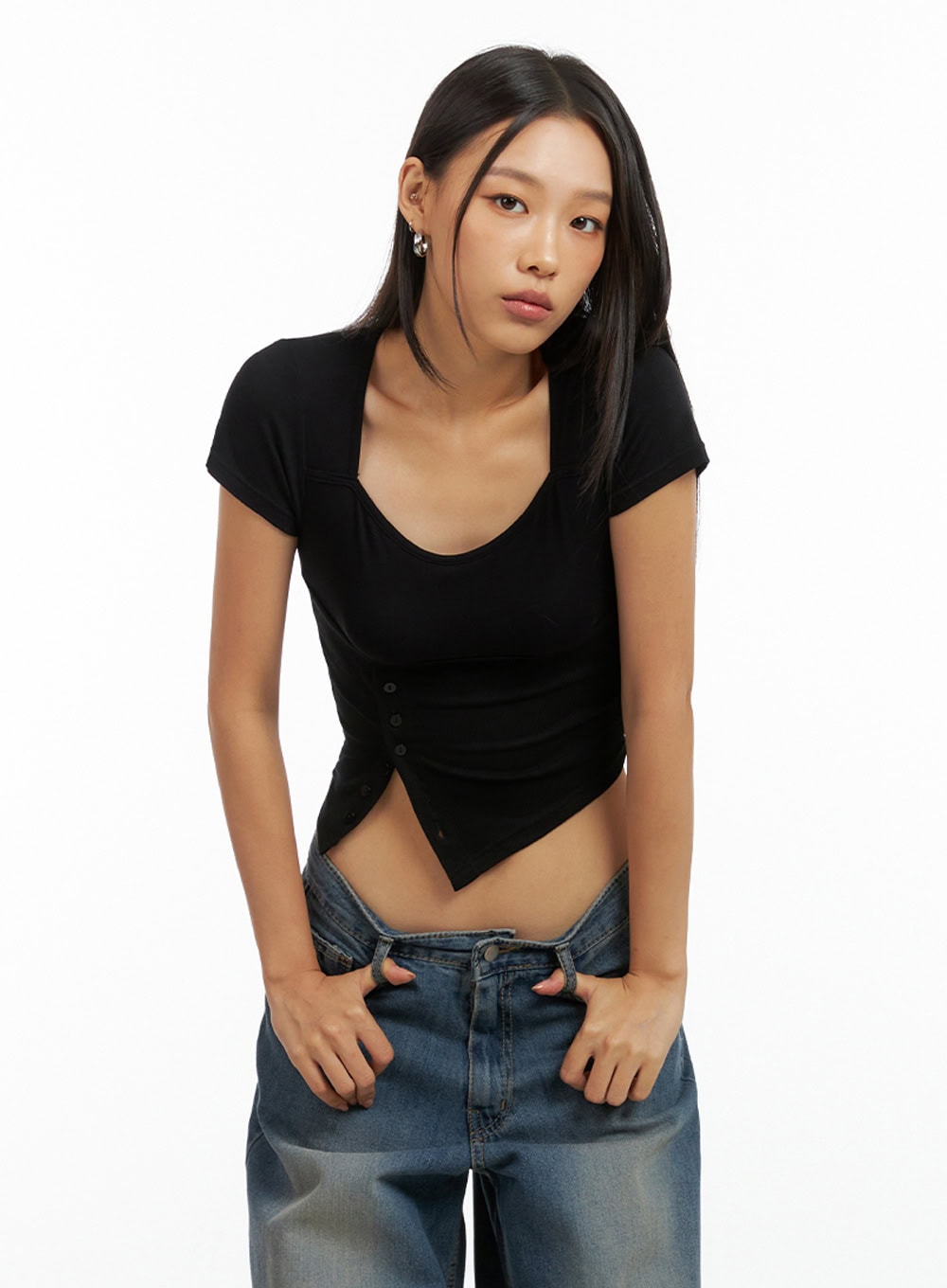 Asymmetrical Buttoned Square Neck Crop Top IG405 - Acubi style | LEWKIN
