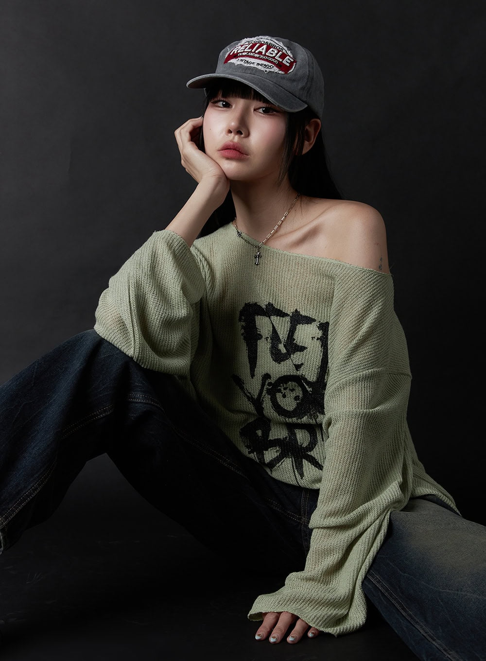 Lettered Boat Neck Off-Shoulder Knit OS410 - Acubi style | LEWKIN