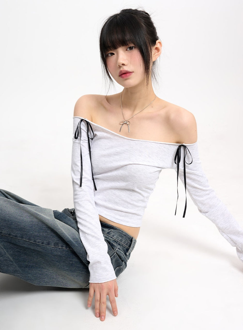 Bowknot Cotton Off Shoulder Long Sleeve CM415 - Acubi style | LEWKIN