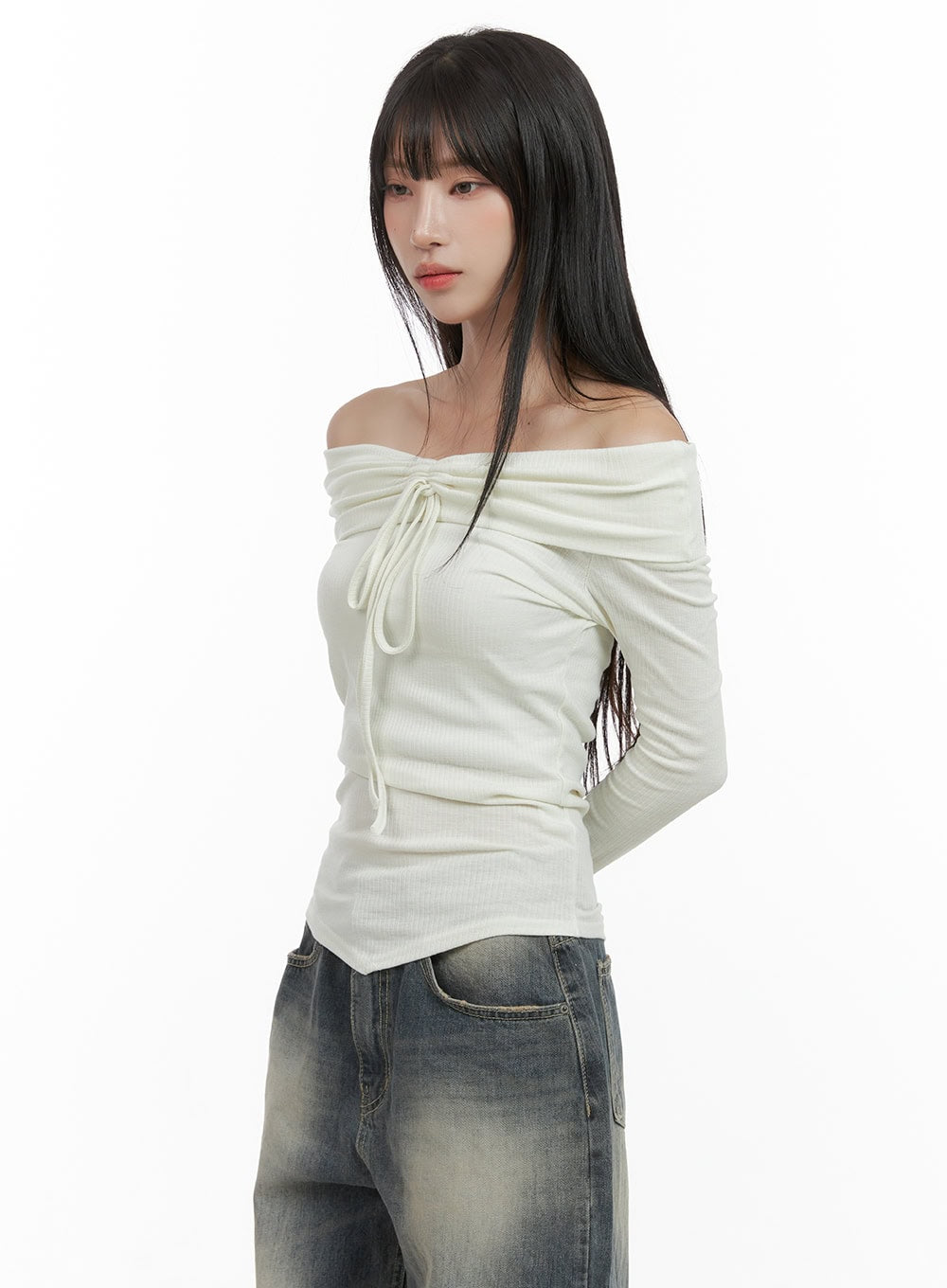 Ribbon Shirred Off Shoulder Top CS403 - Acubi style | LEWKIN