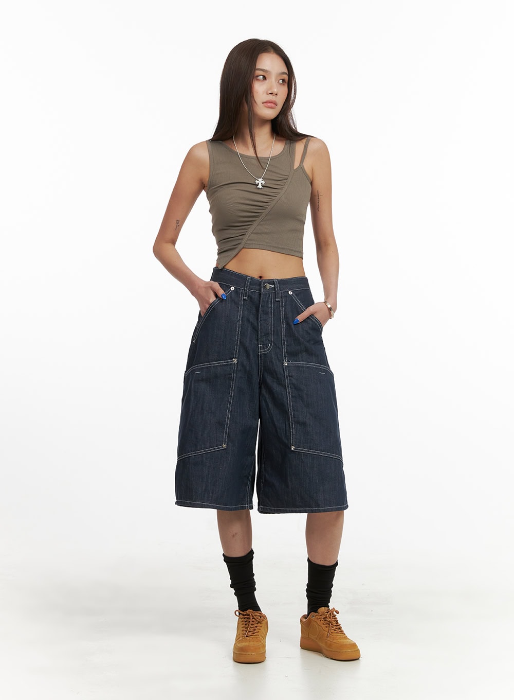 Denim Stitch Pocket Wide Leg Jorts CY424 - Acubi style | LEWKIN