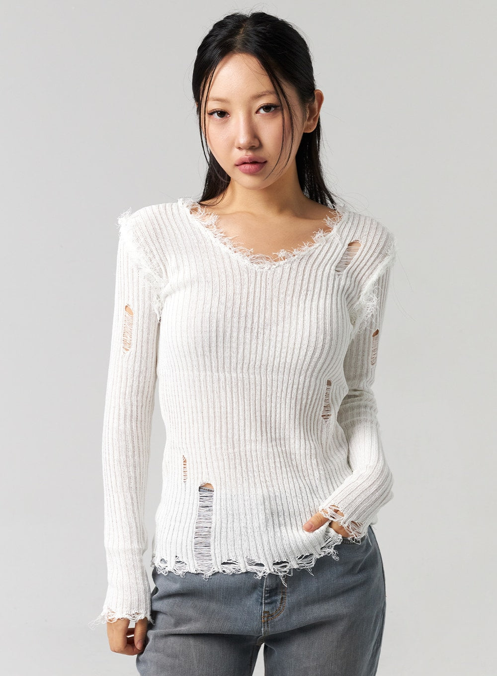 Ripped Sweater CL307 - Korean Women's Fashion | LEWKIN