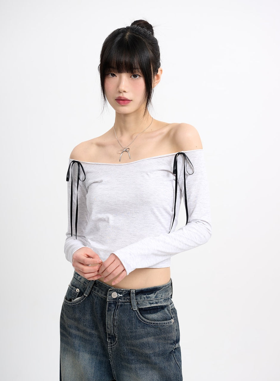 Bowknot Cotton Off Shoulder Long Sleeve CM415 - Acubi style | LEWKIN