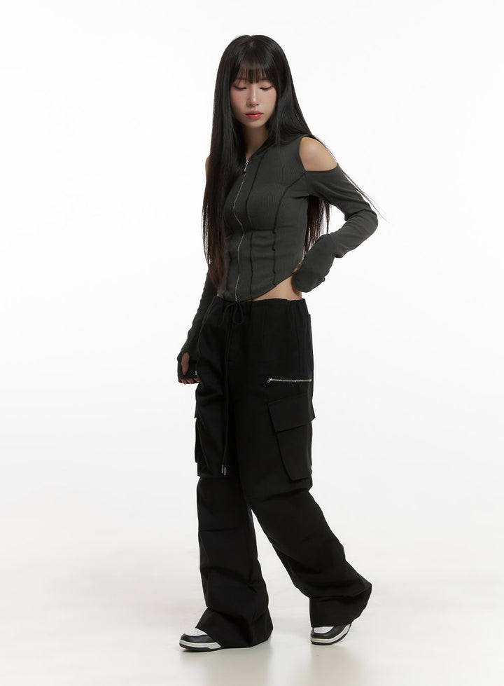 Ribbed Hooded Slim Crop Zip-Up Top CG430 - Acubi style | LEWKIN