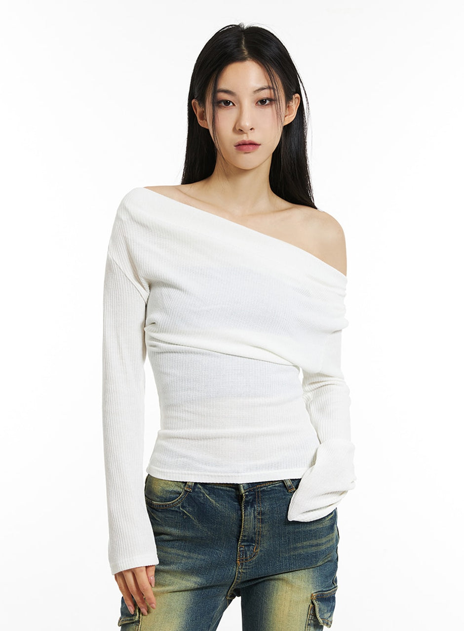 Wide Neck Off-Shoulder Tee IN308 - Korean Women's Fashion | LEWKIN