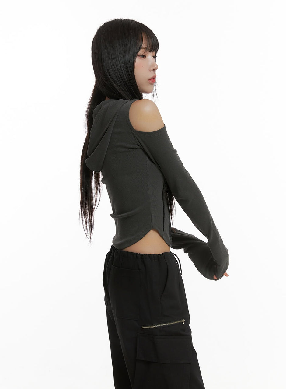 Ribbed Hooded Slim Crop Zip-Up Top CG430 - Acubi style | LEWKIN