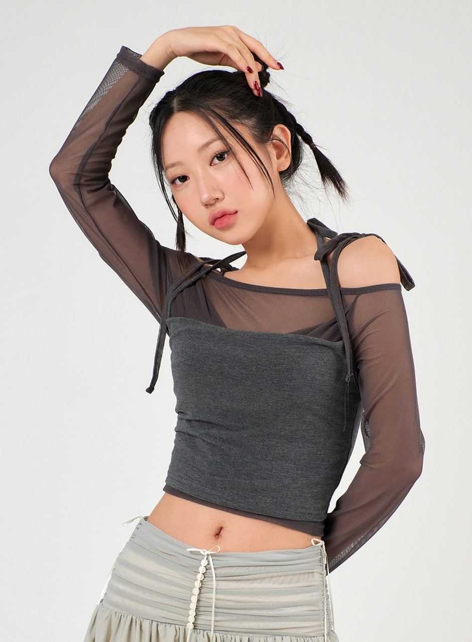 Sheer Long Sleeve Top & Halter Tank Top Set IJ402 - K-Pop style | LEWKIN