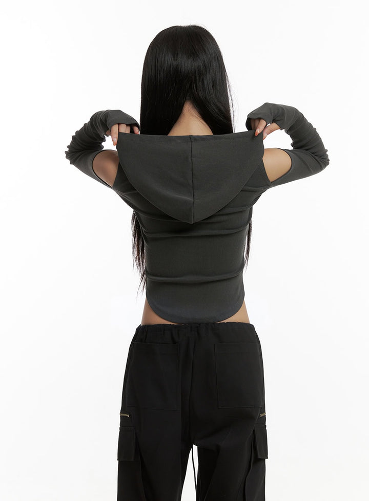 Ribbed Hooded Slim Crop Zip-Up Top CG430 - Acubi style | LEWKIN