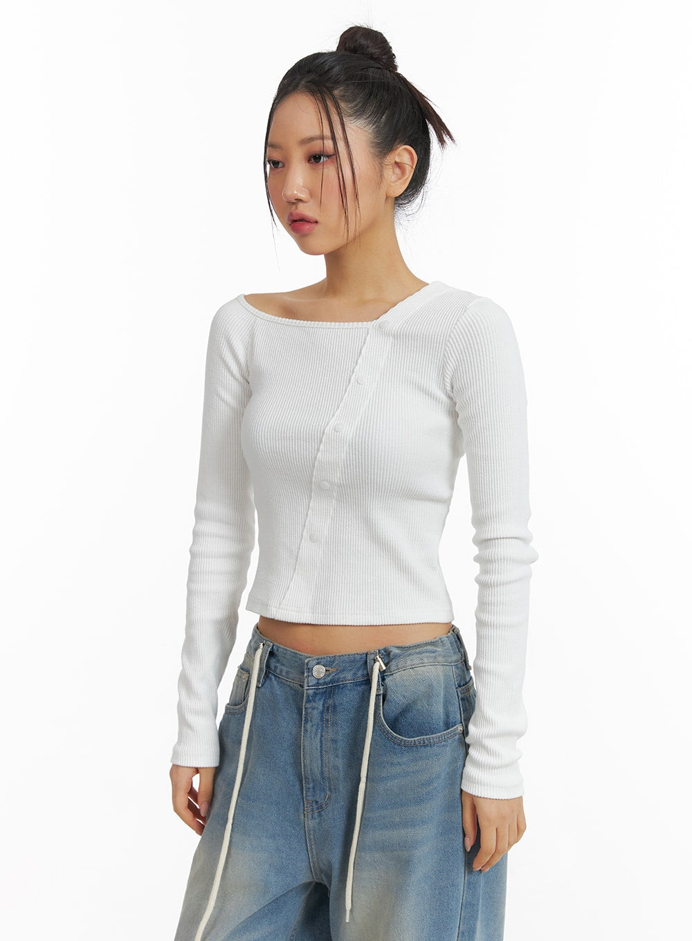 Ribbed Button Long Sleeve Top CJ429 - Korean Women's Fashion | LEWKIN