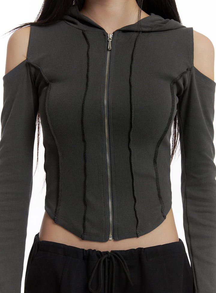 Ribbed Hooded Slim Crop Zip-Up Top CG430 - Acubi style | LEWKIN