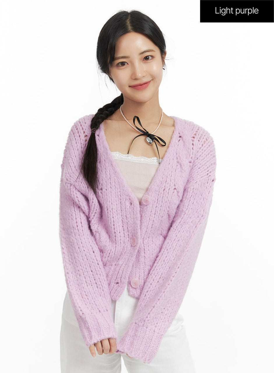 Cable Knit Solid Cardigan OF416 - Korean Women's Fashion | LEWKIN