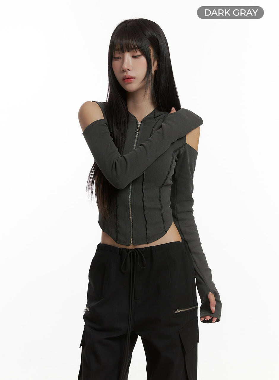 Ribbed Hooded Slim Crop Zip-Up Top CG430 - Acubi style | LEWKIN