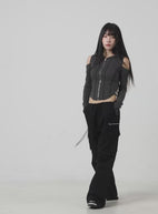 Ribbed Hooded Slim Crop Zip-Up Top CG430 - Acubi style | LEWKIN