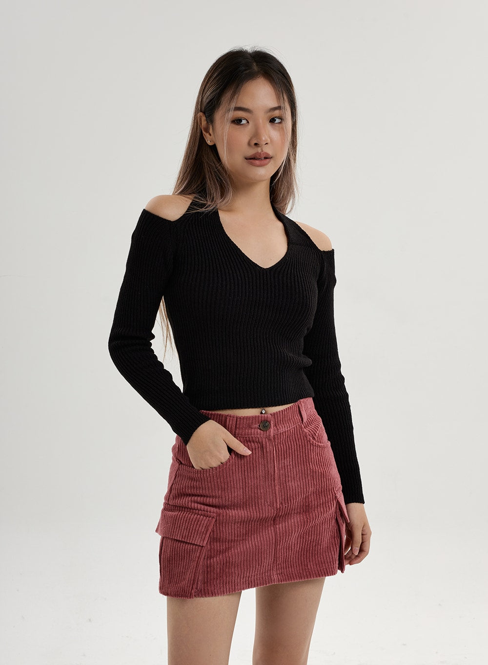 Off Shoulder V-Neck Knit Top CN27 - Lewkin