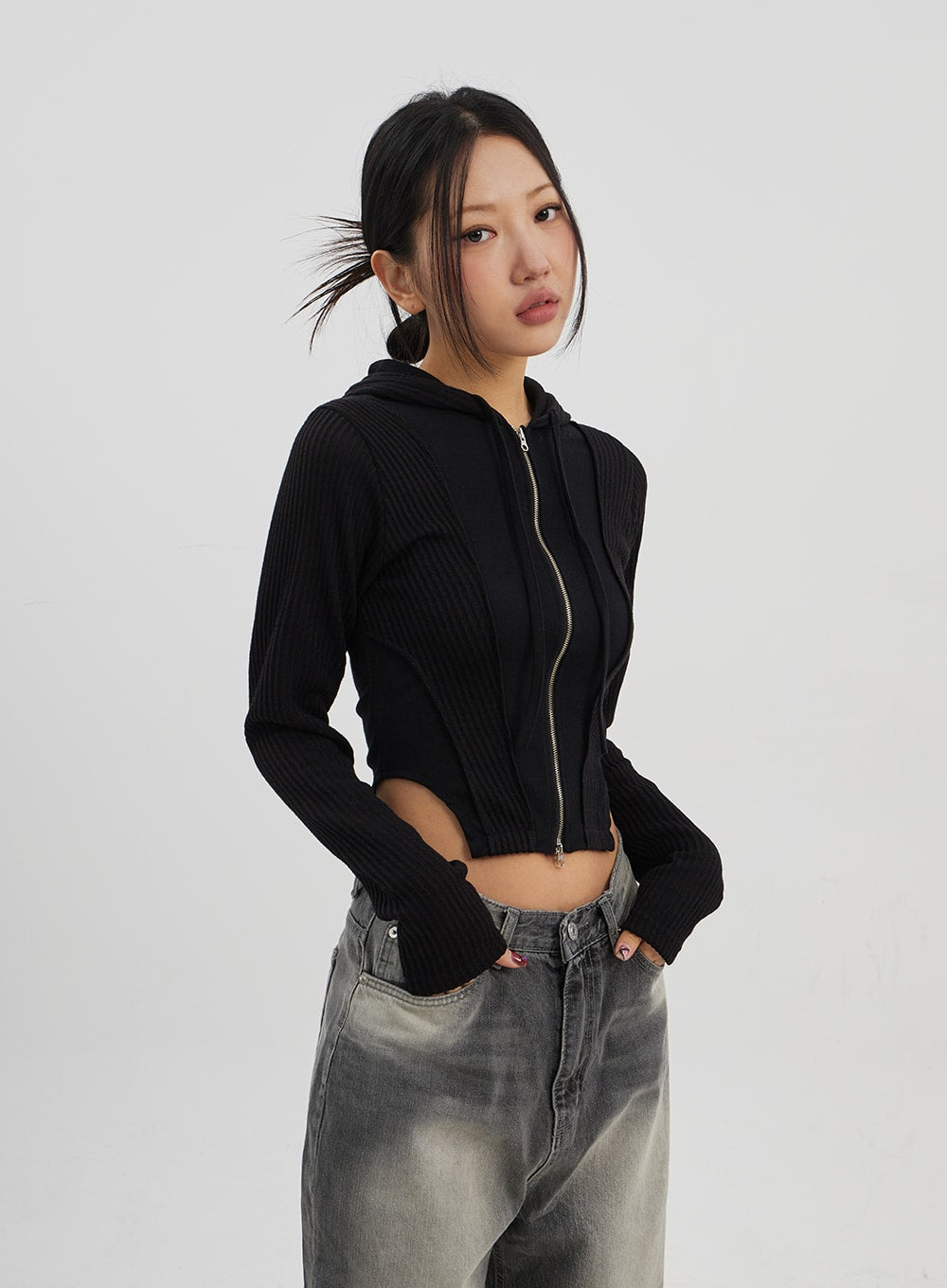 Ribbed Cropped Zip-Up Hoodie CJ330 - Acubi style | LEWKIN