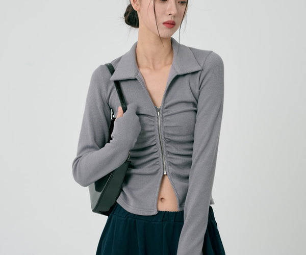 Ruffle Zipper Long Sleeve Top ID08 - Acubi style | LEWKIN