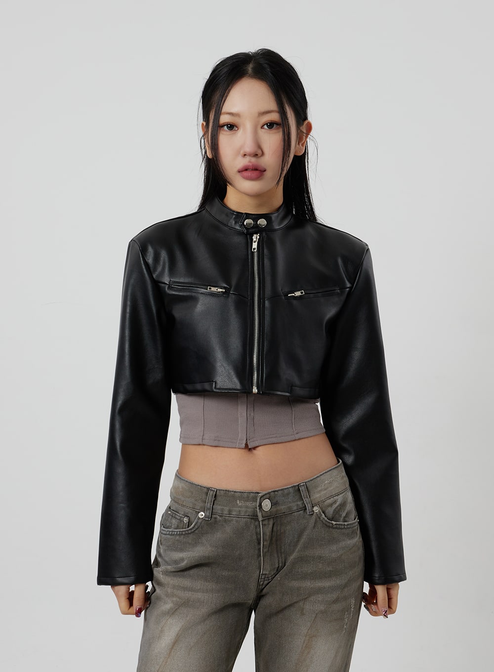 Faux Leather Cropped Zip-Up Jacket CF301 - Acubi style | LEWKIN