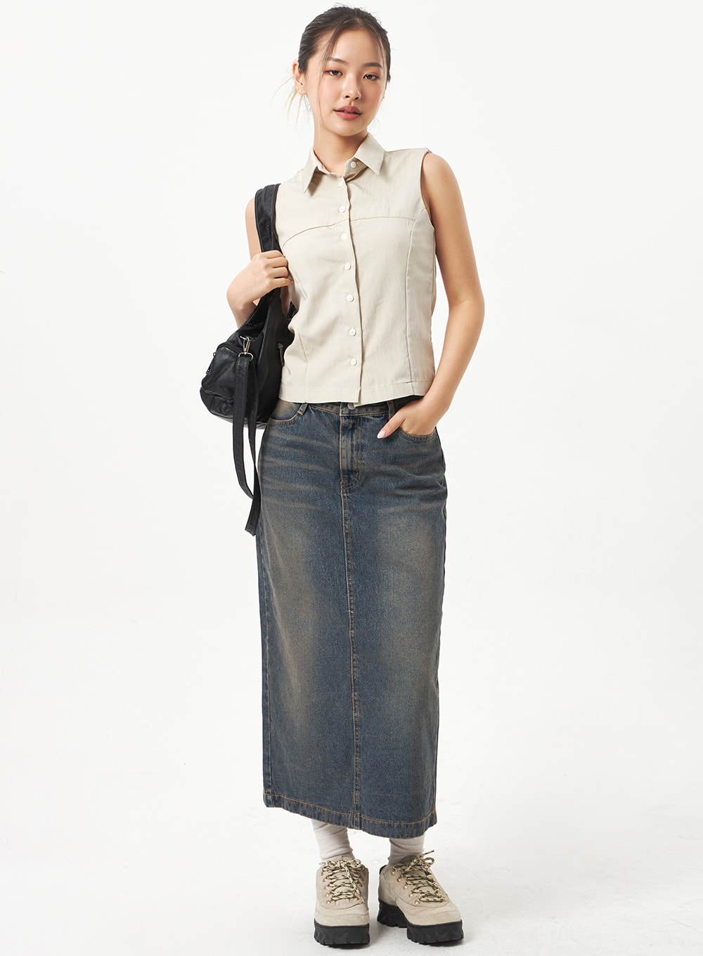 Back Slit Denim Maxi Skirt CD23 - Korean Women's Fashion | LEWKIN